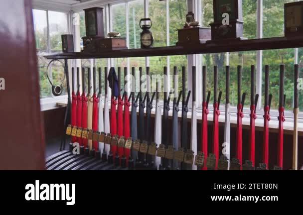 Mechanical levers inside vintage railway signal control box for rail ...