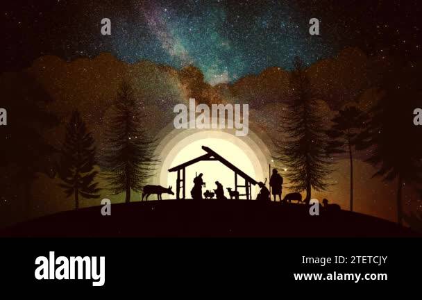 Christmas Scene animation with twinkling stars and nativity characters ...