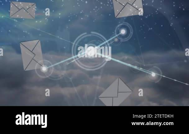 Animation of network of connections and envelope icons over sky with ...