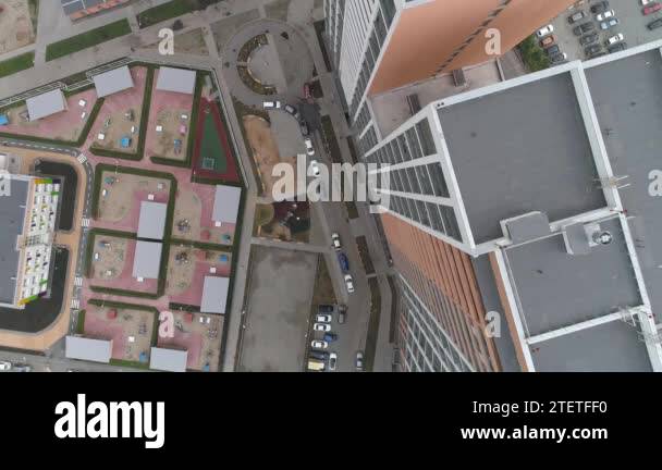 Top down Aerial view of courtyard, playgrounds and kindergarten in ...