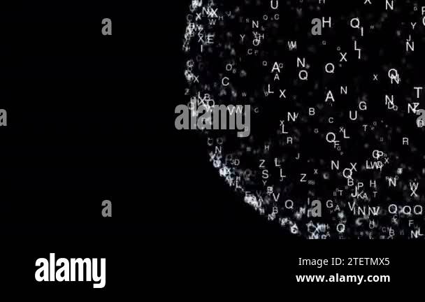 Abstract composition from chaotic moving letters are placed in a shape ...