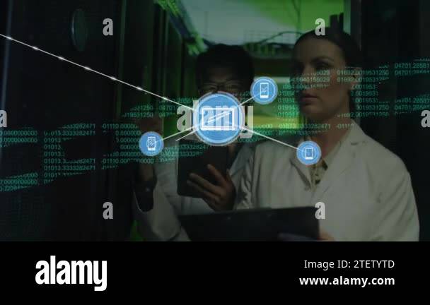 Animation of laptop and phone icons connecting with lines over multiracial coworkers in server ...
