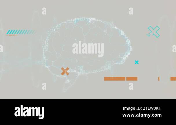 Animation of diverse shapes over brain rotating on beige background. digital interface, science ...