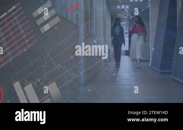 Animation of digital graph, programming data and map over female colleagues talking in corridor ...