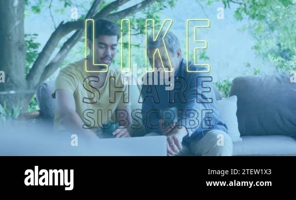 Animation of like, share, subscribe social media text over diverse men using laptop. global ...