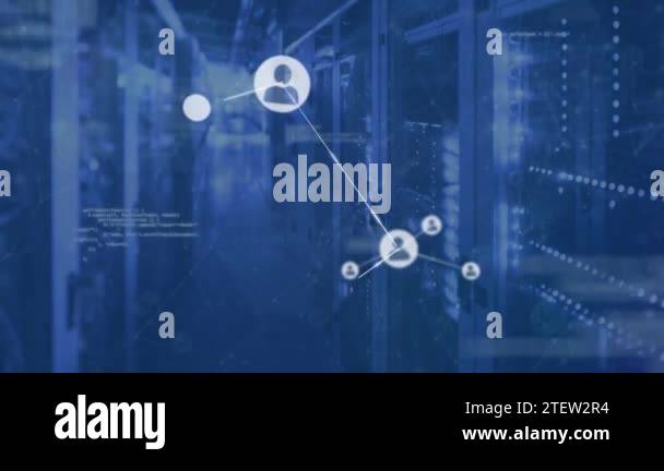 Animation Of Profile Icons Connecting With Lines With Coding Against Server Room Digital