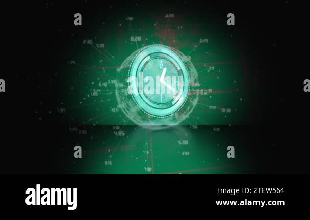 Animation of moving clock and numbers over green and black background ...