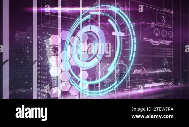 Animation of processing circle over digital screen with diverse data. Digital interface, data ...