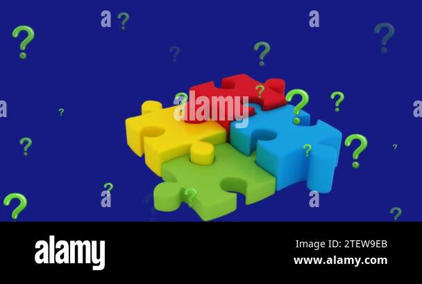 Animation of question marks and puzzles over violet background ...