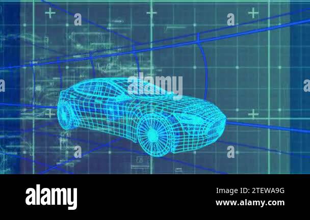 Animation of car with graphical user interface moving on bridge against grid pattern. Hologram ...