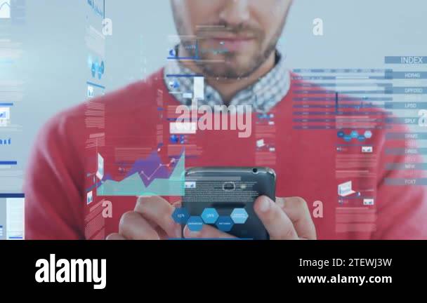 Animation of graphical infographic interface over smiling caucasian businessman using smartphone ...