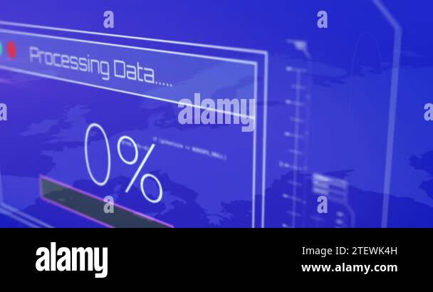 Animation of 100 percent data processing loading against blue world map. Digital composite ...