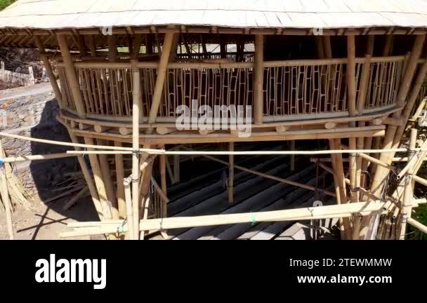 Aerial drone structure of bamboo hut. Bamboo construction for living ...