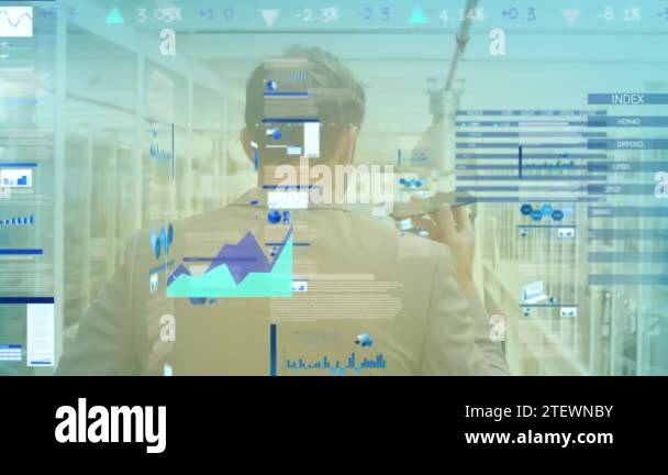 Animation of charts, programming data and numbers over rear view of ...