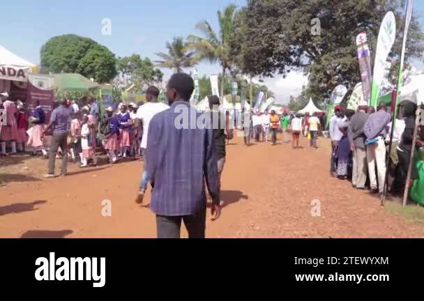 A crowd of Africans wondering around a show ground with agricultural ...