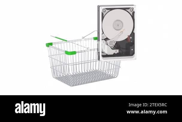 Hard Disk Drive HDD adding to shopping basket, 3d animation. 3D ...