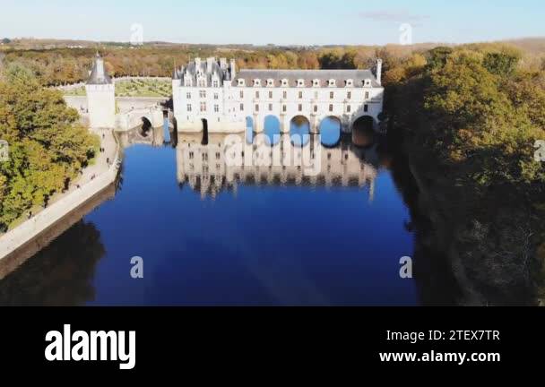 Aerial drone view of medieval French Castle of Chenonceau and its ...