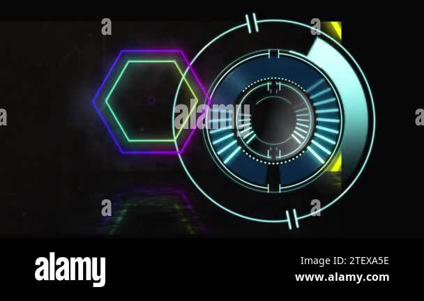 Animation of neon hexagons over scope scanning on black background. global technology, digital ...