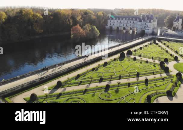 Aerial drone view of medieval French Castle of Chenonceau and its ...