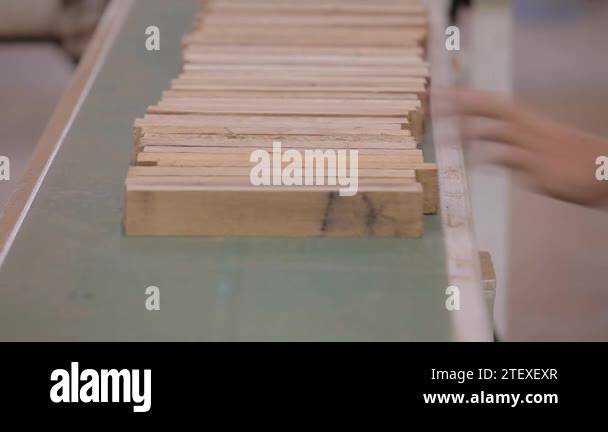 Workers on the conveyor line of a furniture factory. Workers sort out ...