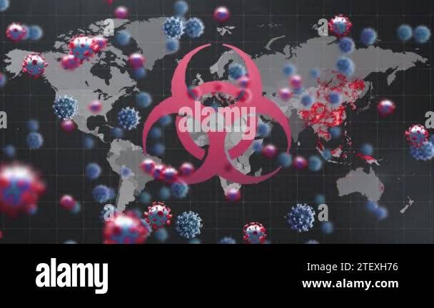 Animation of biohazard symbol and virus cells over burning world map ...