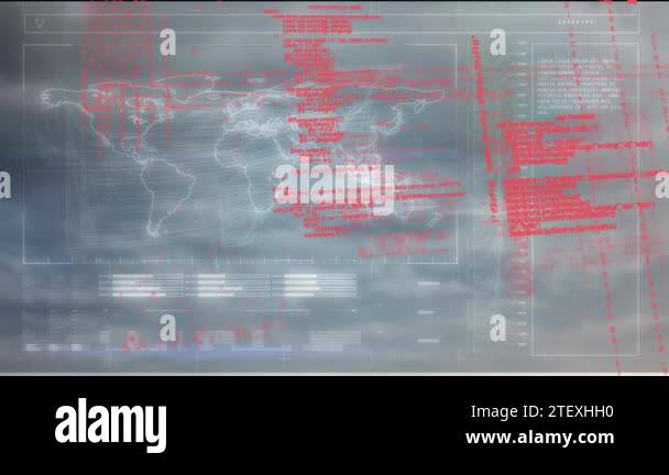 Animation of interface with world map and red processing data. global ...