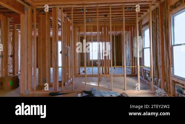 Timber frame house, stick built home under construction with wooden ...