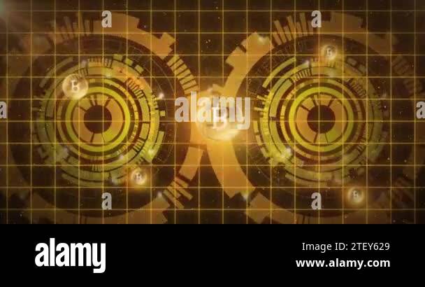 Animation of bitcoin symbols over scopes scanning. global ...