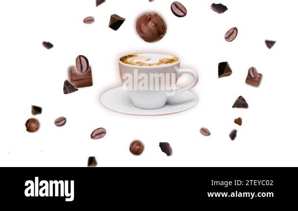Flow of many different direction and size chocolate chips and coffee ...