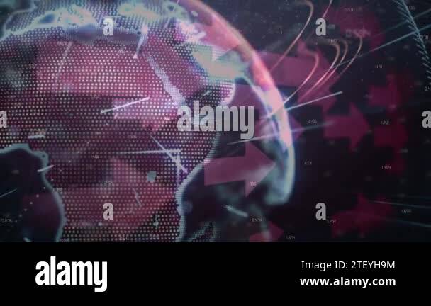 Animation of arrows, lights and globe rotating in pink and black space. global connections ...