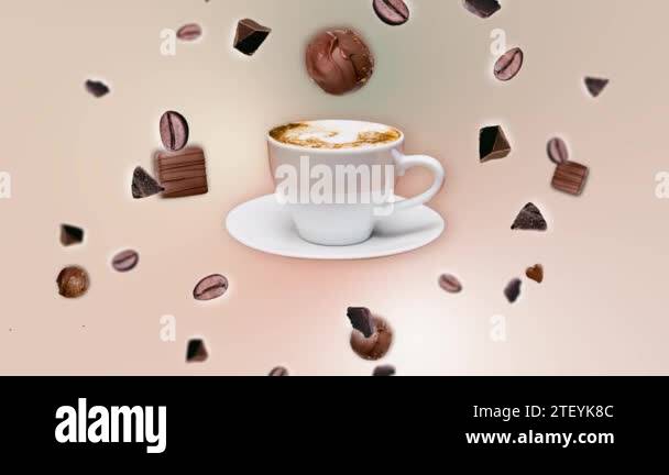 Chocolate crumbs and coffee beans flying in the air among ground cup of ...