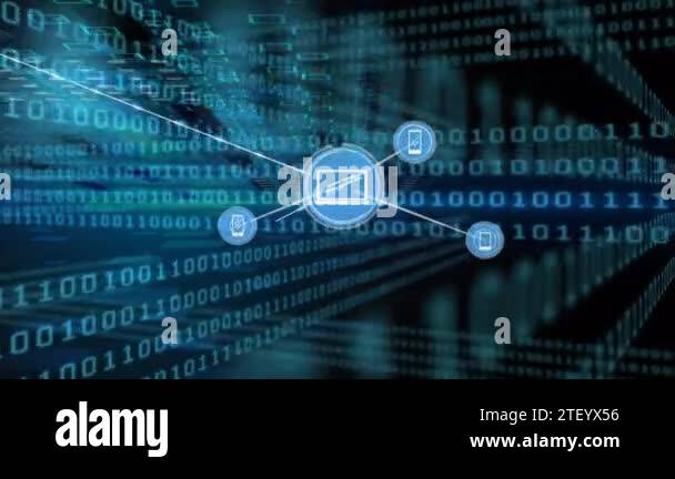 Animation of network of connection with icons over black background with blue binary code ...