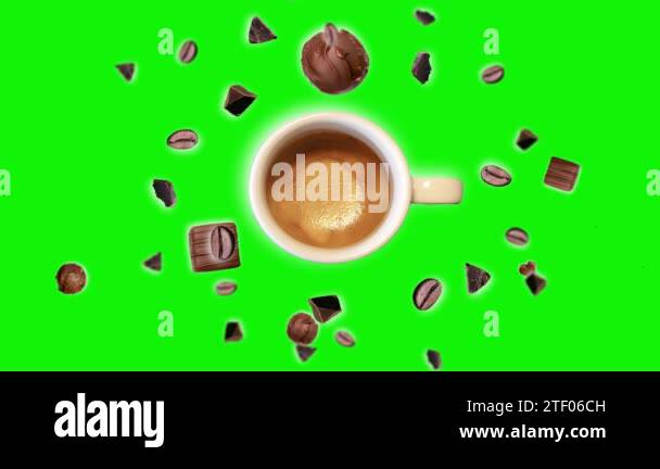 Animated chocolate crumbs and coffee beans of different direction move ...