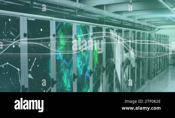 Animation of shapes and spots over server room. servers and cloud ...