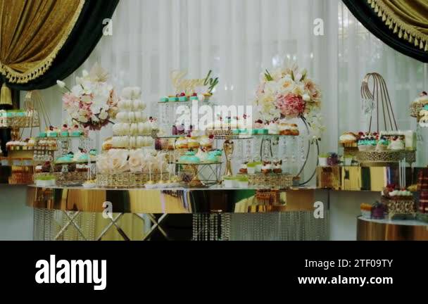 Wide footage of Candy Bar In The Banquet Hall. Many Kind of Dessert ...