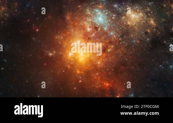 Space background. Flying through orange and gold nebula with stars field. Digital animation, 3D ...