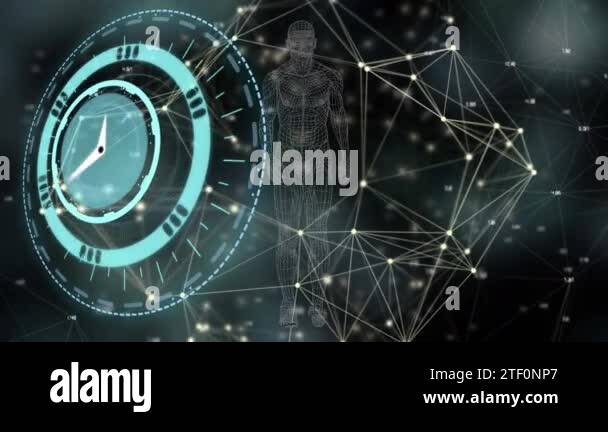 Animation of moving clock over black background with human model and ...