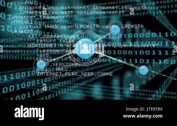Animation of network of connection with icons over black background with blue binary code ...