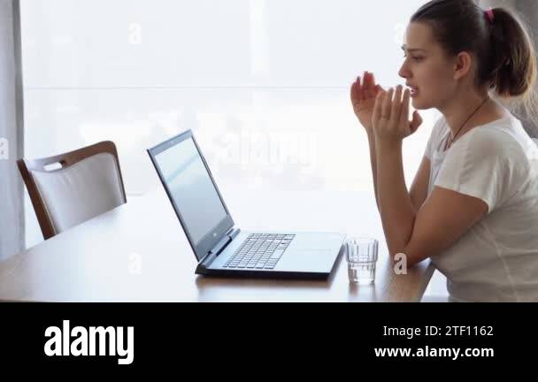 Authentic Caucasian Young Woman Chatting On Laptop At Home In Living ...