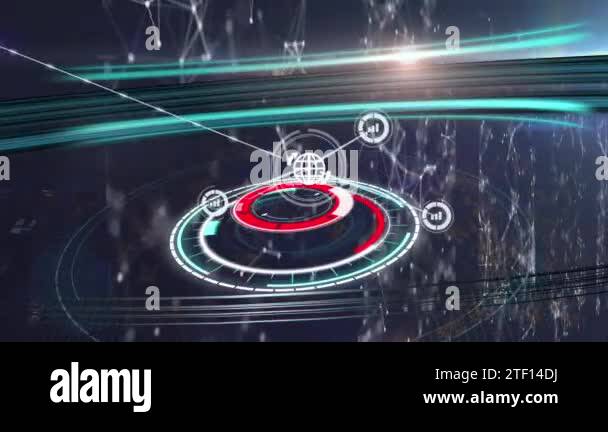 Animation of circular scanner processing with network of icons exchanging data. Global ...