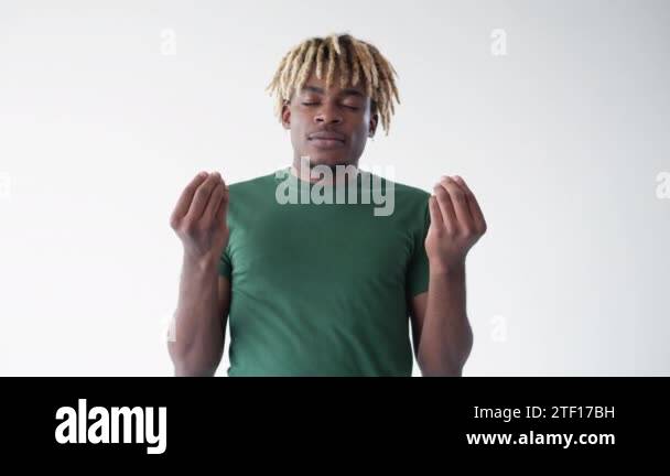 Peaceful mind. Meditating man. Meme expression. Calm hipster black guy ...