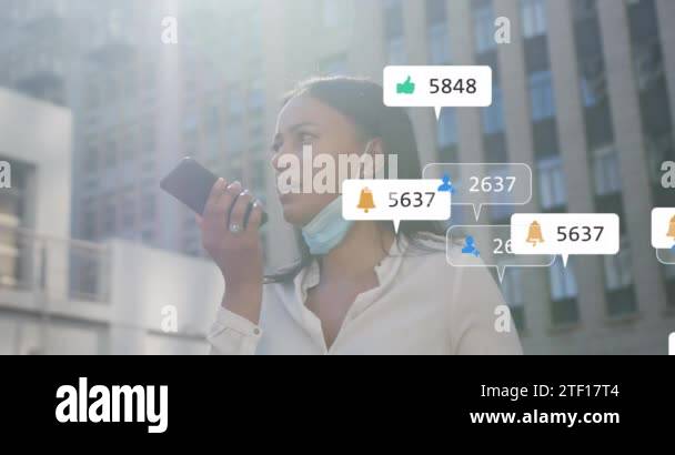 Animation of social media icons and numbers over biracial woman with ...