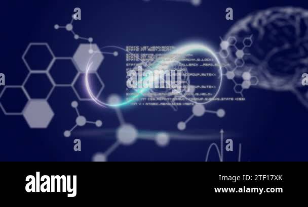 Animation of neon infinity over brain, chemical formulas and data on ...