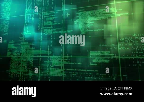 Animation of digital data processing over grid and squares. global data processing, business and ...