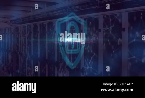 Animation of security padlock icon over network of connections against computer server room ...