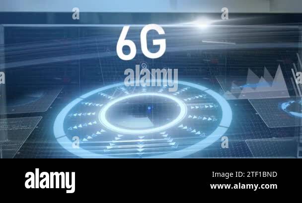 Animation of 6g text and scanner processing data on charts and graphs over computer server room ...