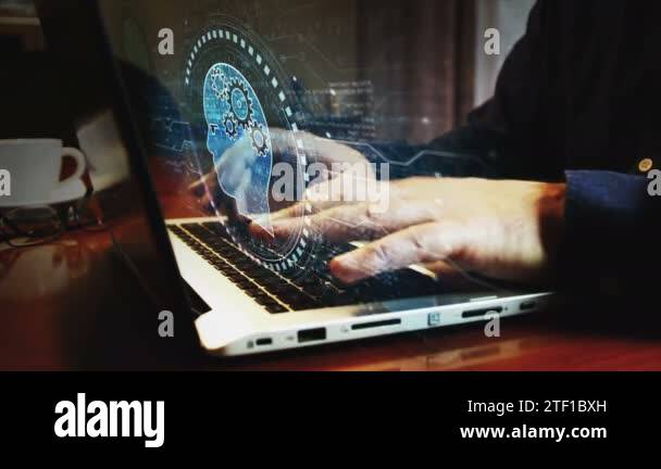 Artificial intelligence technology AI and deep learning symbol and man typing computer keyboard ...