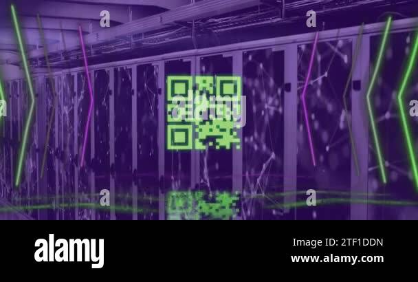 Animation of yellow qr code and neon lights over networks and computer server room. Global ...