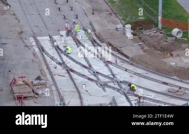 Repair works on the street timelapse. Laying of new tram rails on a ...