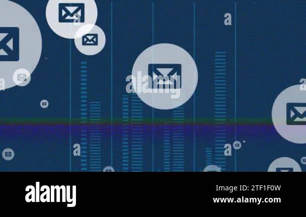 Animation of network of email icons over glitch on blue background. Global social media ...